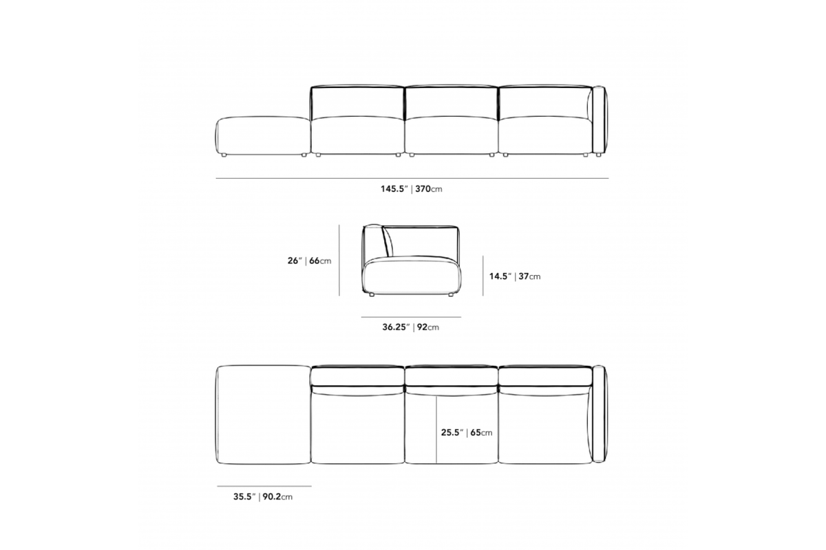 Valencia Obsidian Velvet Fabric Three Seats Open Right Sofa, Black